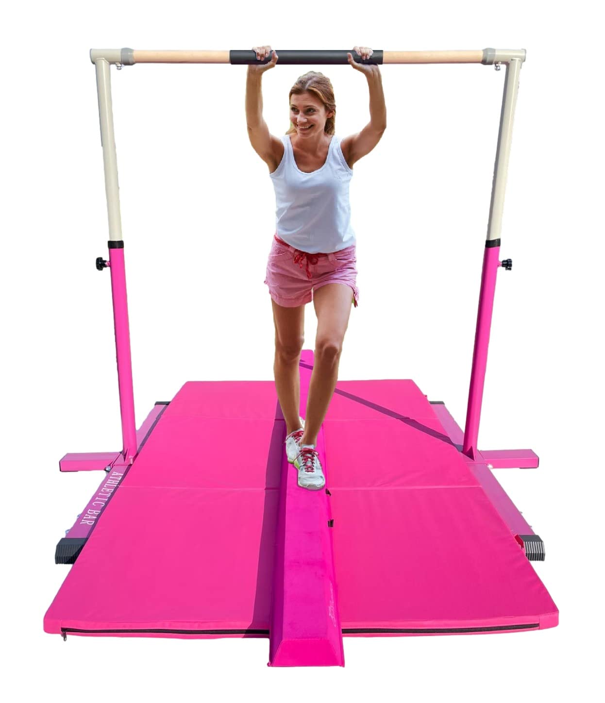 Athletic Bar Expandable Gymnastics Kip Bar 3 in 1 Set with Balance Beam, 6'x4' Mat for Kids, Horizontal Bar Junior Gymnastic Training Exercise for Gymnast Home Gym Height Adjustable 3 to 5 FT (Pink)