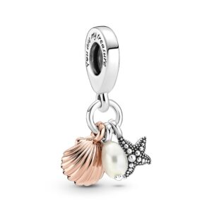 pandora freshwater cultured pearl starfish & shell triple dangle charm white/rose/silver one size