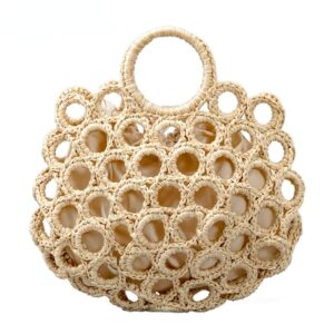 summer round hole mesh straw woven tote casual handbag travel tote cottagecore style (beige)