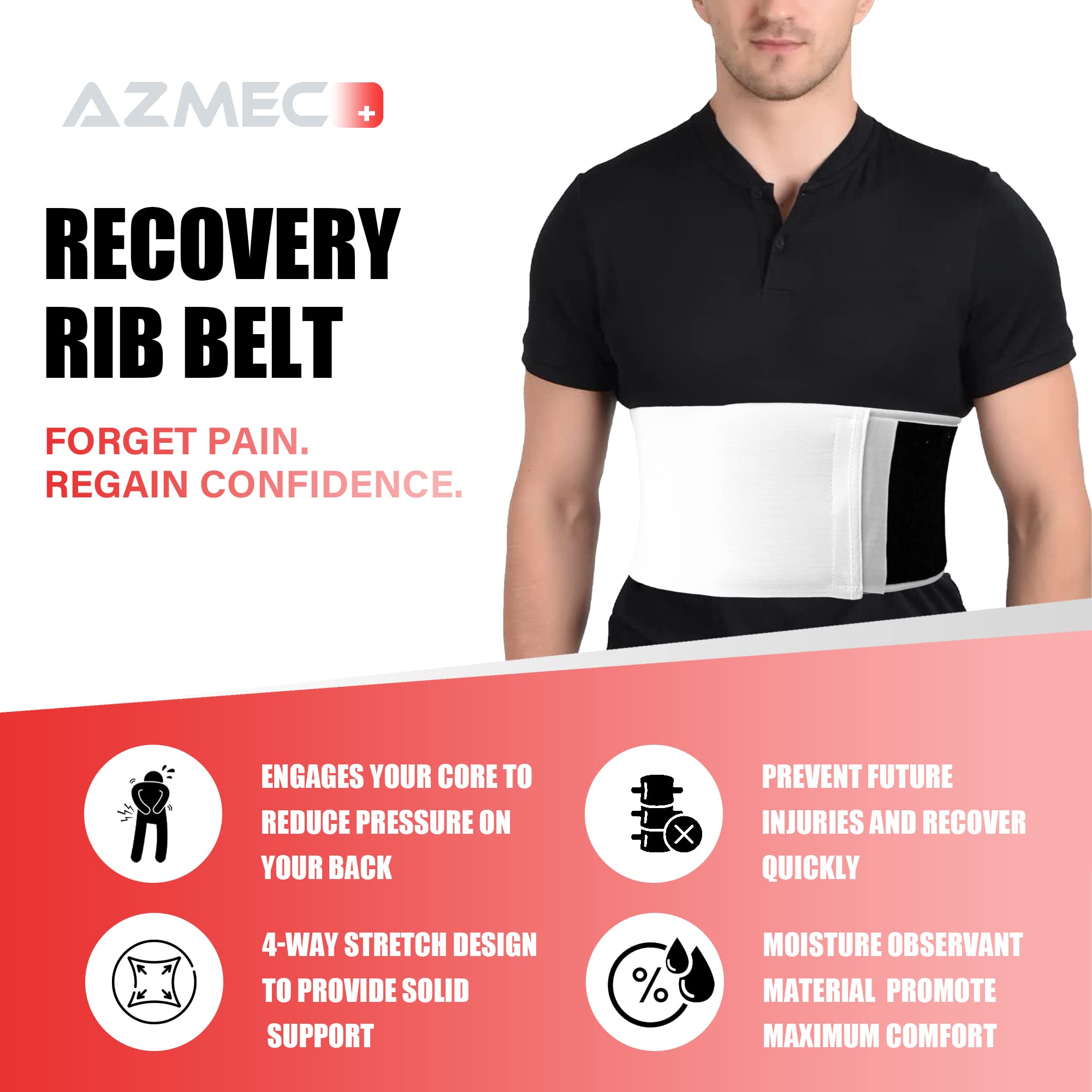 Azmec Rib Belt, 6" Elastic/Foam Chest Panel Universally Adjustable for Men, Rib Cage Protector, Wrap for Sore or Bruised Ribs, Support Sternum Injuries, Muscle Pain and Strain (Fits 26”- 50” Chest)