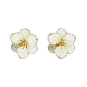 jeanbeau large white flower stud earrings for women enamel pearl flakes cz wallflower earrings - gold cute fun cherry blossom floral studs hypoallergenic jewelry gifts