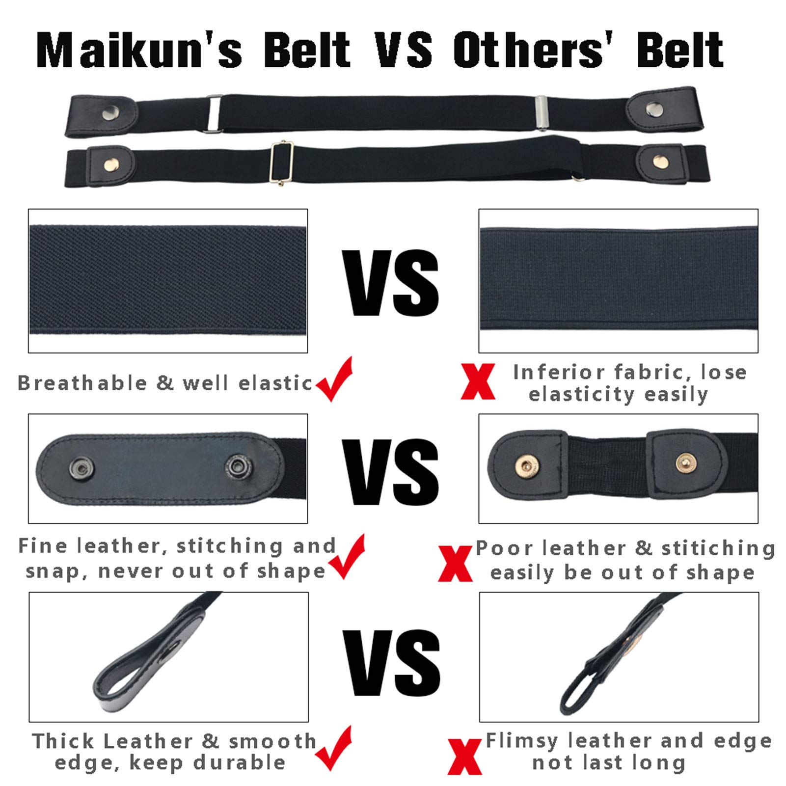 maikun 4P Belt No Buckle Women/Men Stretch Belt, Invisible Elastic strap for Jeans Pants Dresses, Waist size 24-50''