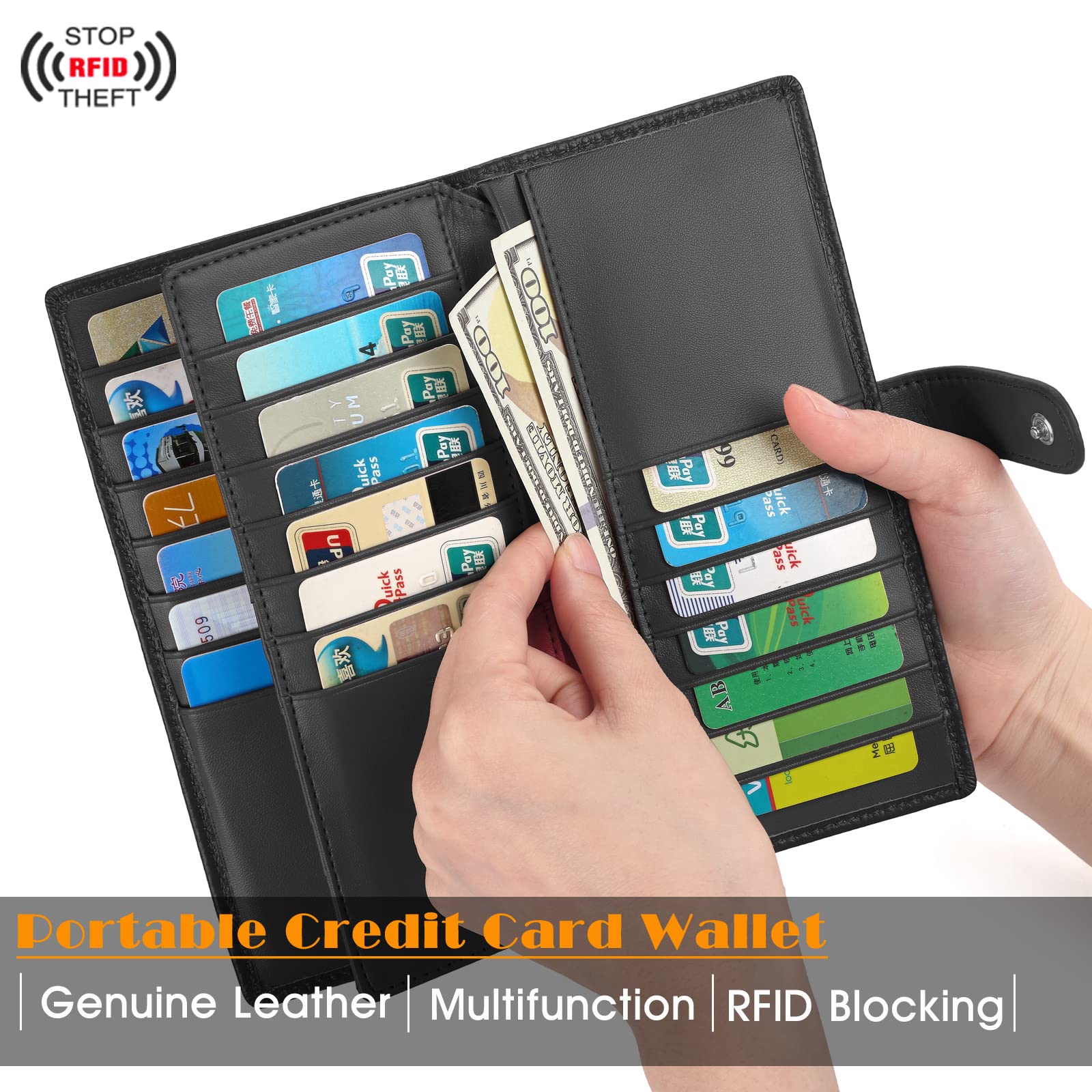 Womens Wallet Genuine Leather Credit Card Holder Wallet for Women with RFID Blocking (Black)