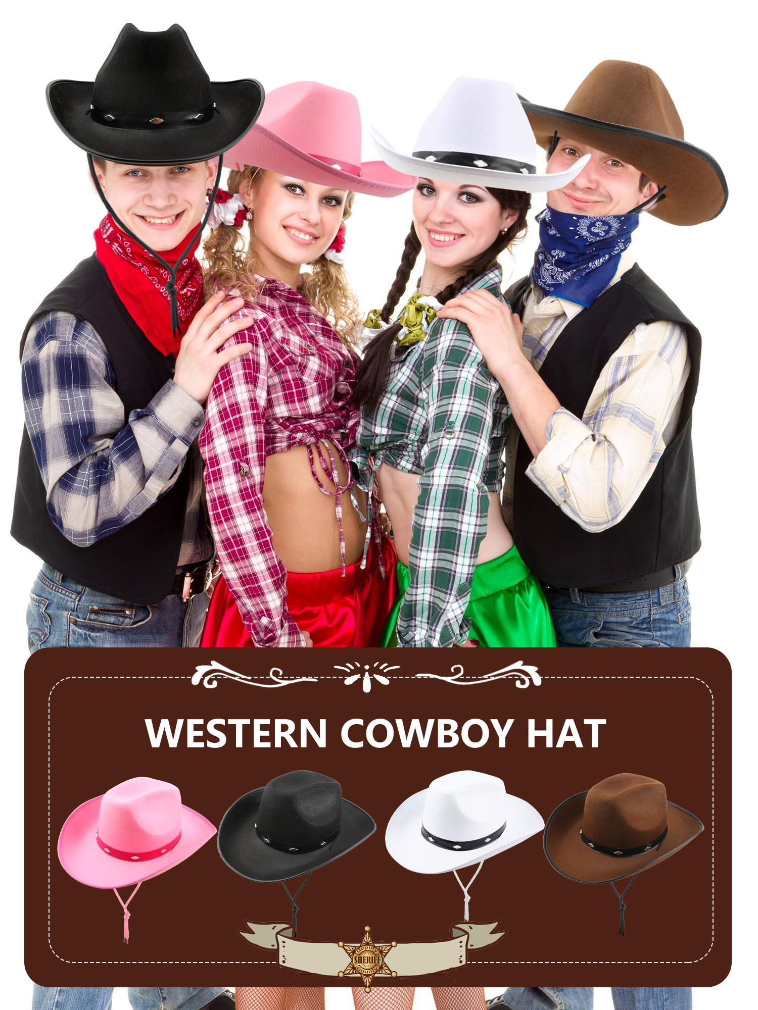 SGBETTER 4 Pack Cowboy Hat Felt Studded Western Rodeo Texan Cowboy Cowgirl Hat for Adult Cowboy Theme Party Costume Accessory Cosplay Dress up, 4 Colors