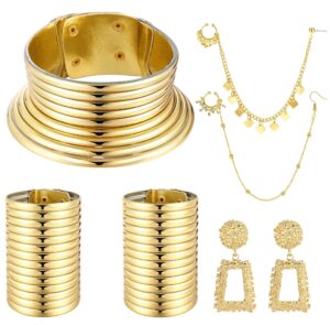 yadoca 6pcs african national jewelry for women egypt gold choker collars african vintage statement choker necklaces wide leather bangle bracelet nose rings hoop chain earrings sets