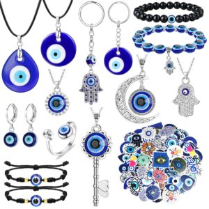 yadoca 12/15pcs evil eye necklace for women men bracelets earring ring keychain hamsa hand pendant turkish protection jewelry set with 50pcs evil eye stickers