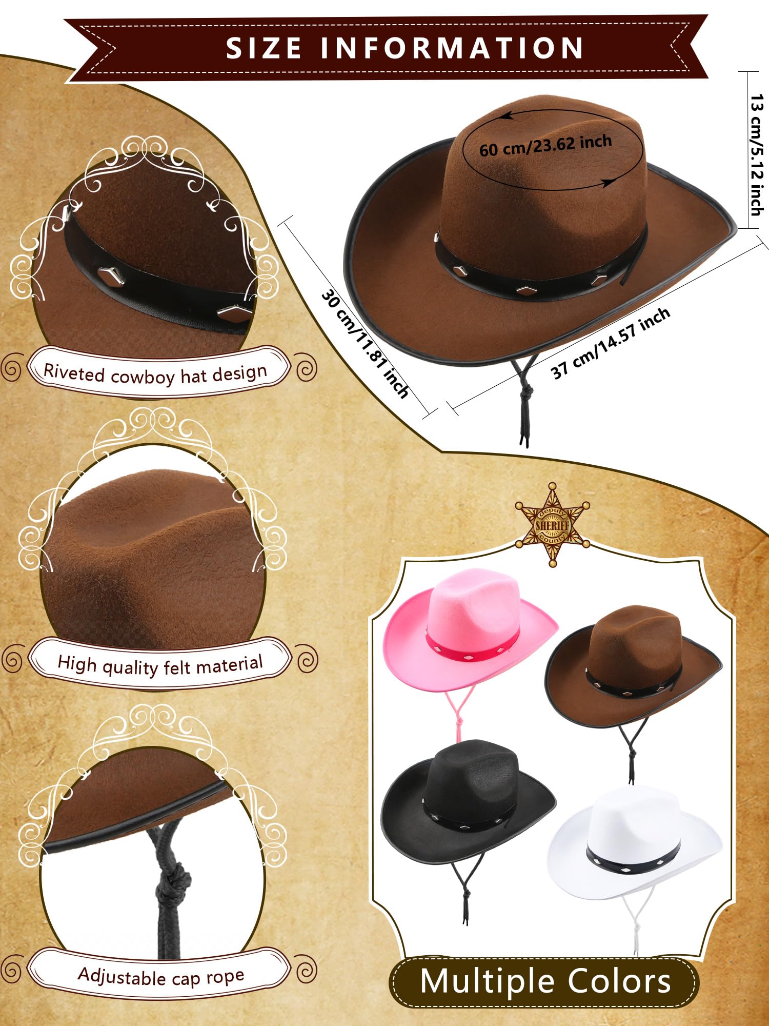 SGBETTER 4 Pack Cowboy Hat Felt Studded Western Rodeo Texan Cowboy Cowgirl Hat for Adult Cowboy Theme Party Costume Accessory Cosplay Dress up, 4 Colors