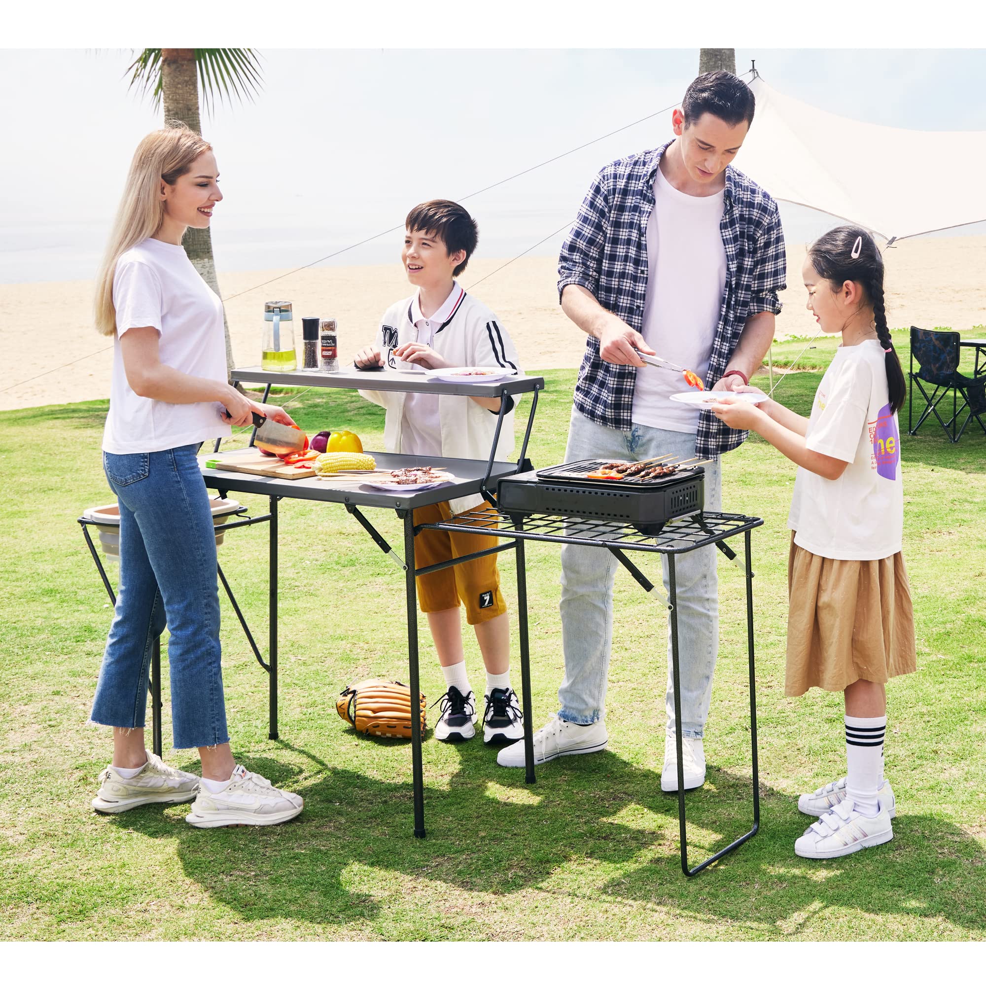 Maarch Folding Grill Tables for Outside Camping, Lightweight Kitchen Camping Table with Grill Stand for Stove, Grey