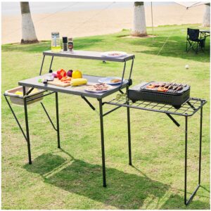 maarch folding grill tables for outside camping, lightweight kitchen camping table with grill stand for stove, grey