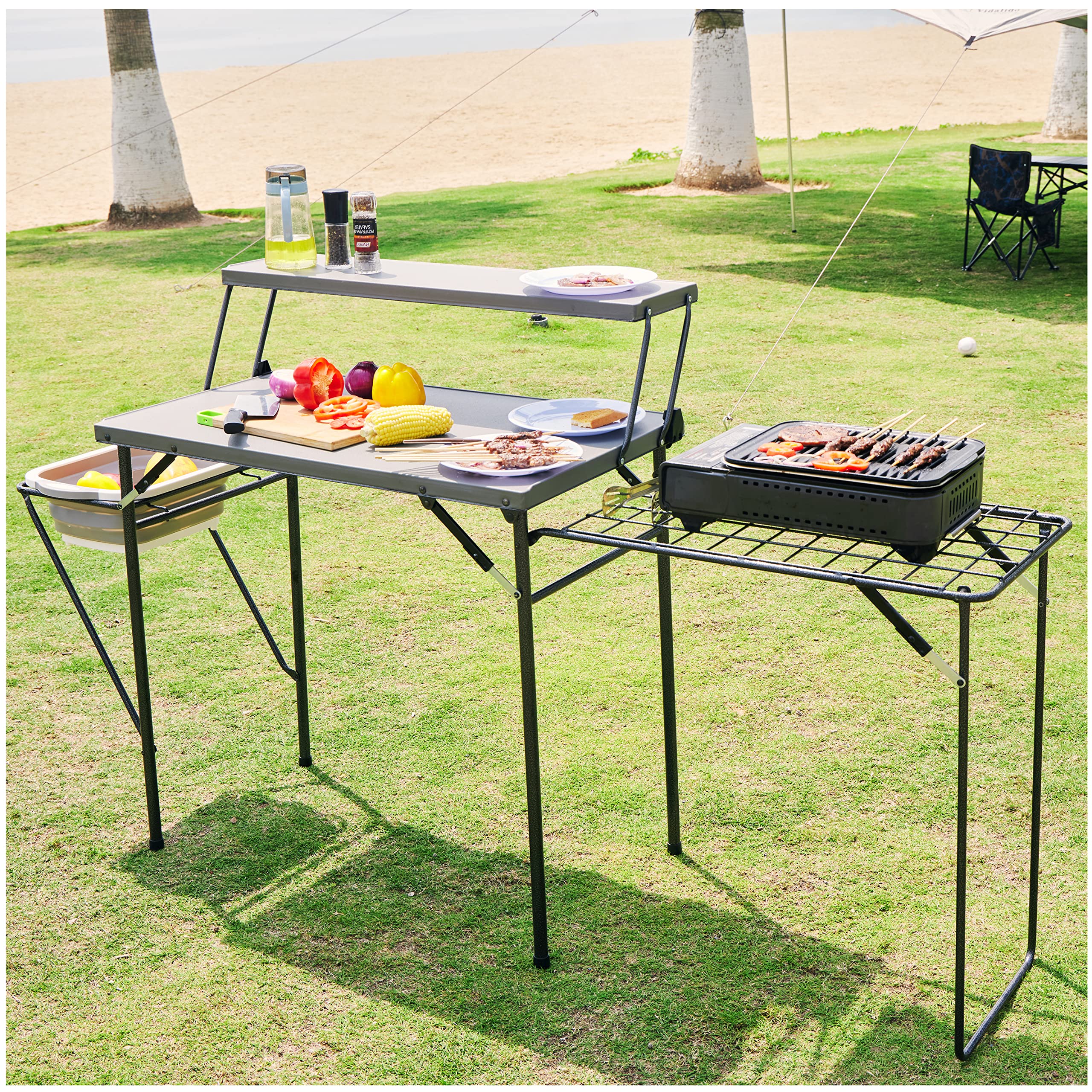 Maarch Folding Grill Tables for Outside Camping, Lightweight Kitchen Camping Table with Grill Stand for Stove, Grey