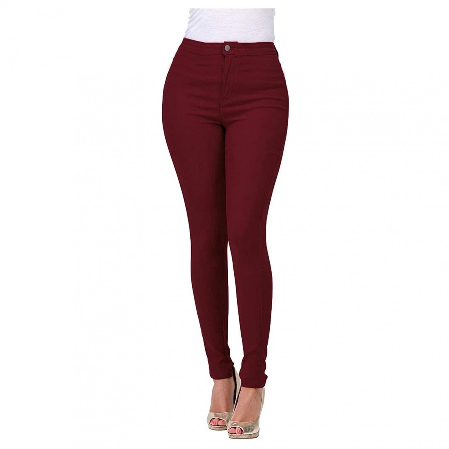 WUAI-Women Stretch Jeggings with Pockets Butt Lifting Pull On Solid High Waist Leggings Slim Skinny Jeans Pencil Denim Pants(Wine Red,X-Large)