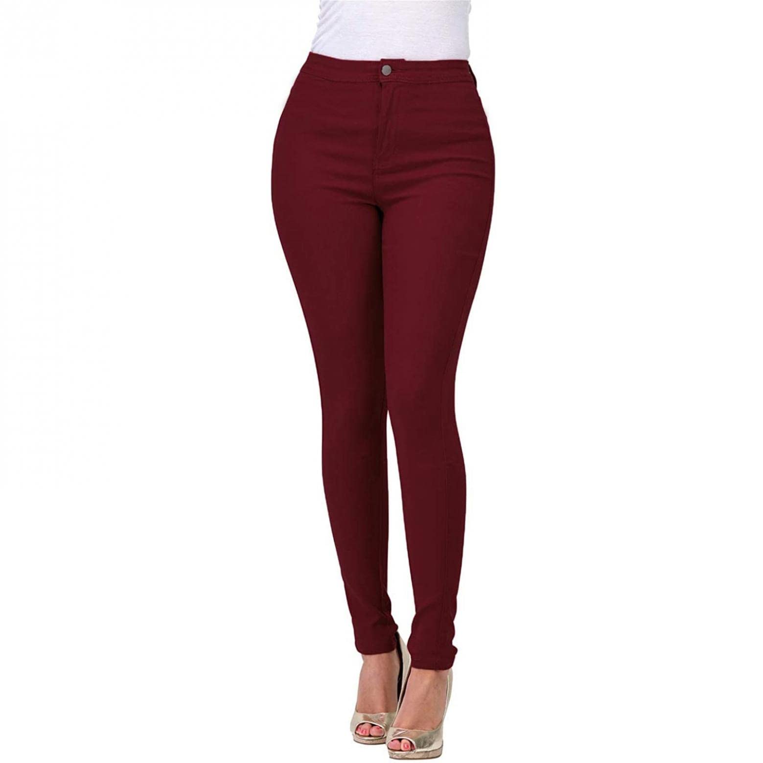 WUAI-Women Stretch Jeggings with Pockets Butt Lifting Pull On Solid High Waist Leggings Slim Skinny Jeans Pencil Denim Pants(Wine Red,X-Large)