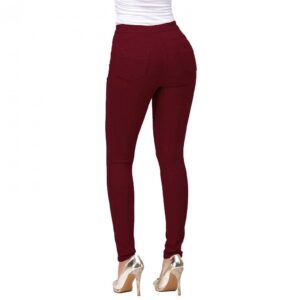 WUAI-Women Stretch Jeggings with Pockets Butt Lifting Pull On Solid High Waist Leggings Slim Skinny Jeans Pencil Denim Pants(Wine Red,X-Large)