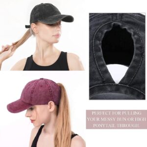 29 IYEBRAO Womens Ponytail Baseball Cap Messy Bun Ponycap Washed Cotton Sport Hat Adjustable Dad Hat Trucker Cap Low Profile Hat (2 Pack-Washed-Classic-Black&Burgundy)