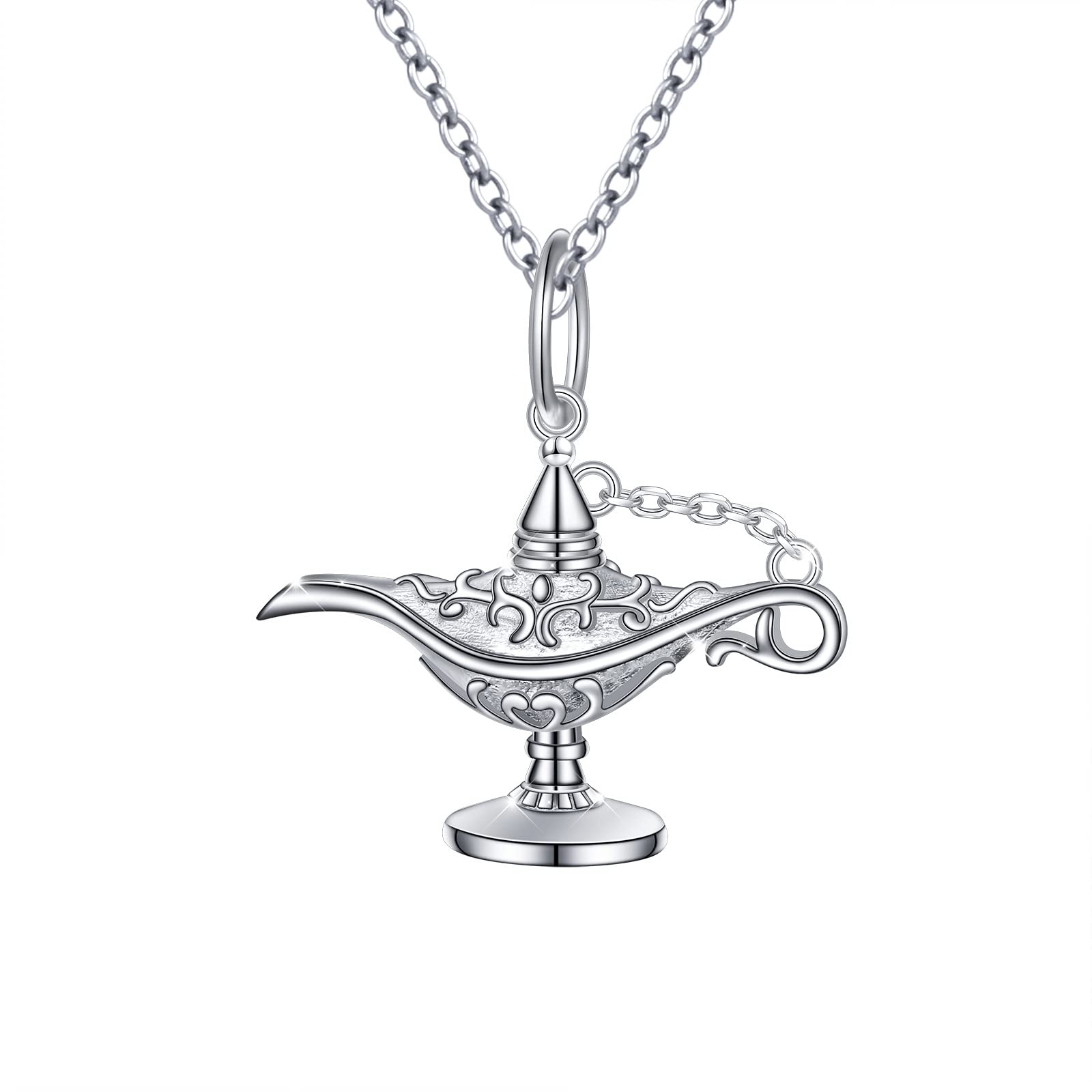 DAOCHONG S925 Sterling Silver Aladding Magic Genie Lamp Legend Wishing Carved Lamp Pendant Necklace Jewelry Good Luck Gift for Women