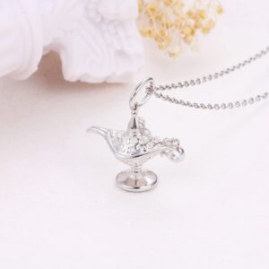 DAOCHONG S925 Sterling Silver Aladding Magic Genie Lamp Legend Wishing Carved Lamp Pendant Necklace Jewelry Good Luck Gift for Women