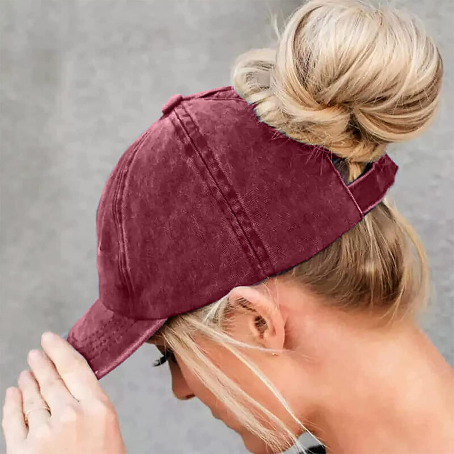 29 IYEBRAO Womens Ponytail Baseball Cap Messy Bun Ponycap Washed Cotton Sport Hat Adjustable Dad Hat Trucker Cap Low Profile Hat (2 Pack-Washed-Classic-Black&Burgundy)