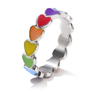 mprainbow enamel heart lgbt pride ring 5mm heart to heart rainbow lesbian & gay rings, stainless steel love heart lgbtq pride rings jewelry