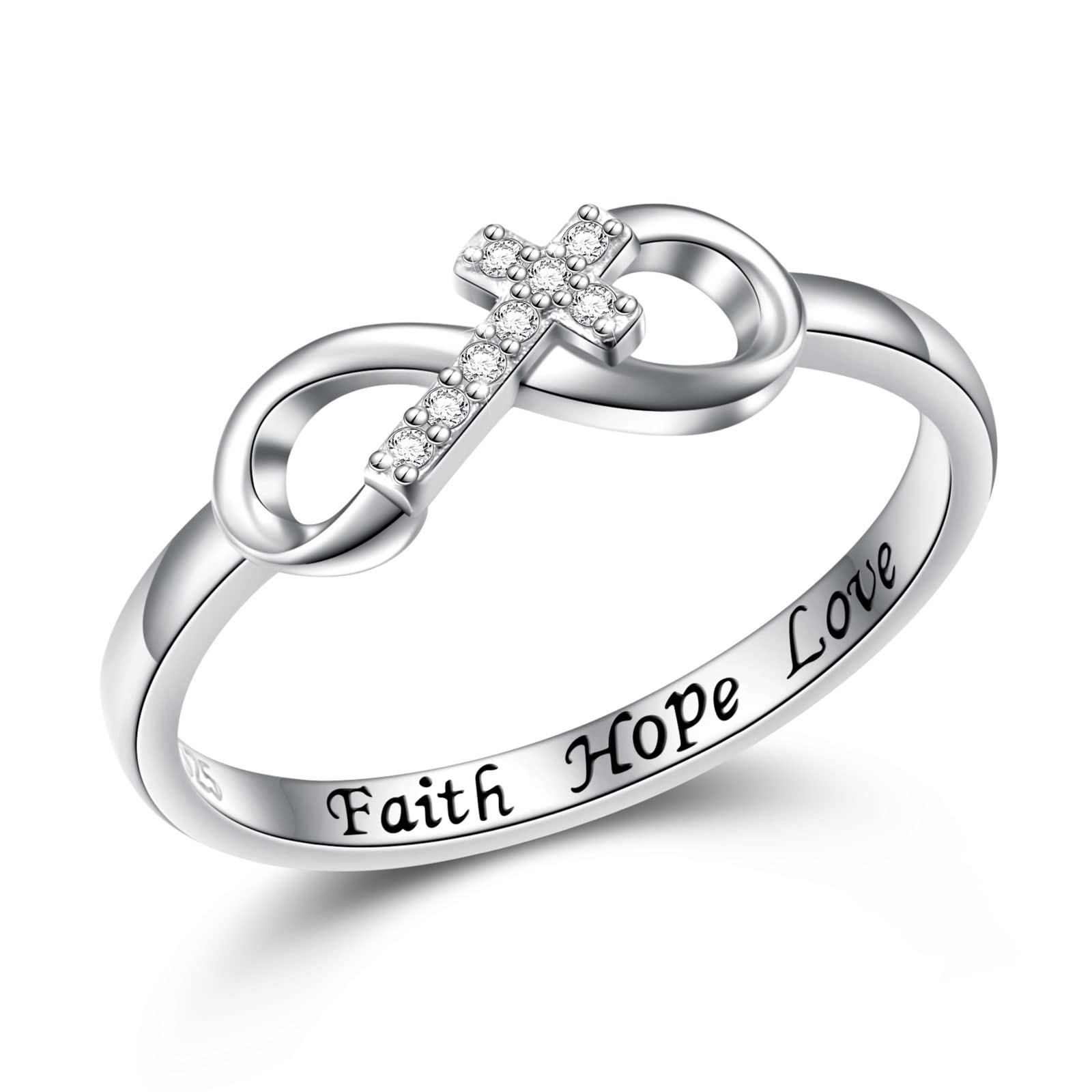 DAOCHONG Inspirational Jewelry 925 Sterling Silver Engraved Faith Hope Love CZ Cross Infinity Ring for Women Easter Gift Size 9