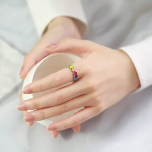 MPRAINBOW Enamel Heart LGBT Pride Ring 5mm Heart to Heart Rainbow Lesbian & Gay Rings, Stainless Steel Love Heart LGBTQ Pride Rings Jewelry