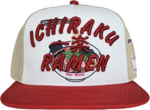 naruto shippuden ichiraku ramen icon hiden leaf village 5 panel structured adjustable adult unisex red and white flat bill snapback hat