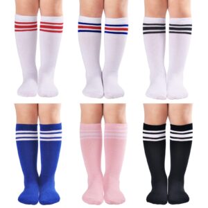 lo shokim 6 pairs toddler knee high socks kids soccer socks girls three stripes tube socks over the calf school uniform stockings athletic boys children (assorted colors,5-7 years)