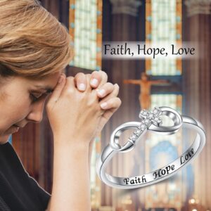 DAOCHONG Inspirational Jewelry 925 Sterling Silver Engraved Faith Hope Love CZ Cross Infinity Ring for Women Easter Gift Size 9