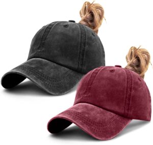 29 iyebrao womens ponytail baseball cap messy bun ponycap washed cotton sport hat adjustable dad hat trucker cap low profile hat (2 pack-washed-classic-black&burgundy)