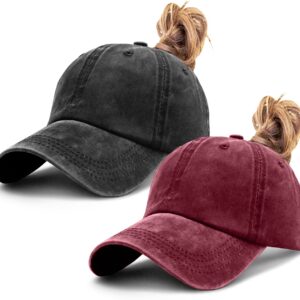 29 IYEBRAO Womens Ponytail Baseball Cap Messy Bun Ponycap Washed Cotton Sport Hat Adjustable Dad Hat Trucker Cap Low Profile Hat (2 Pack-Washed-Classic-Black&Burgundy)