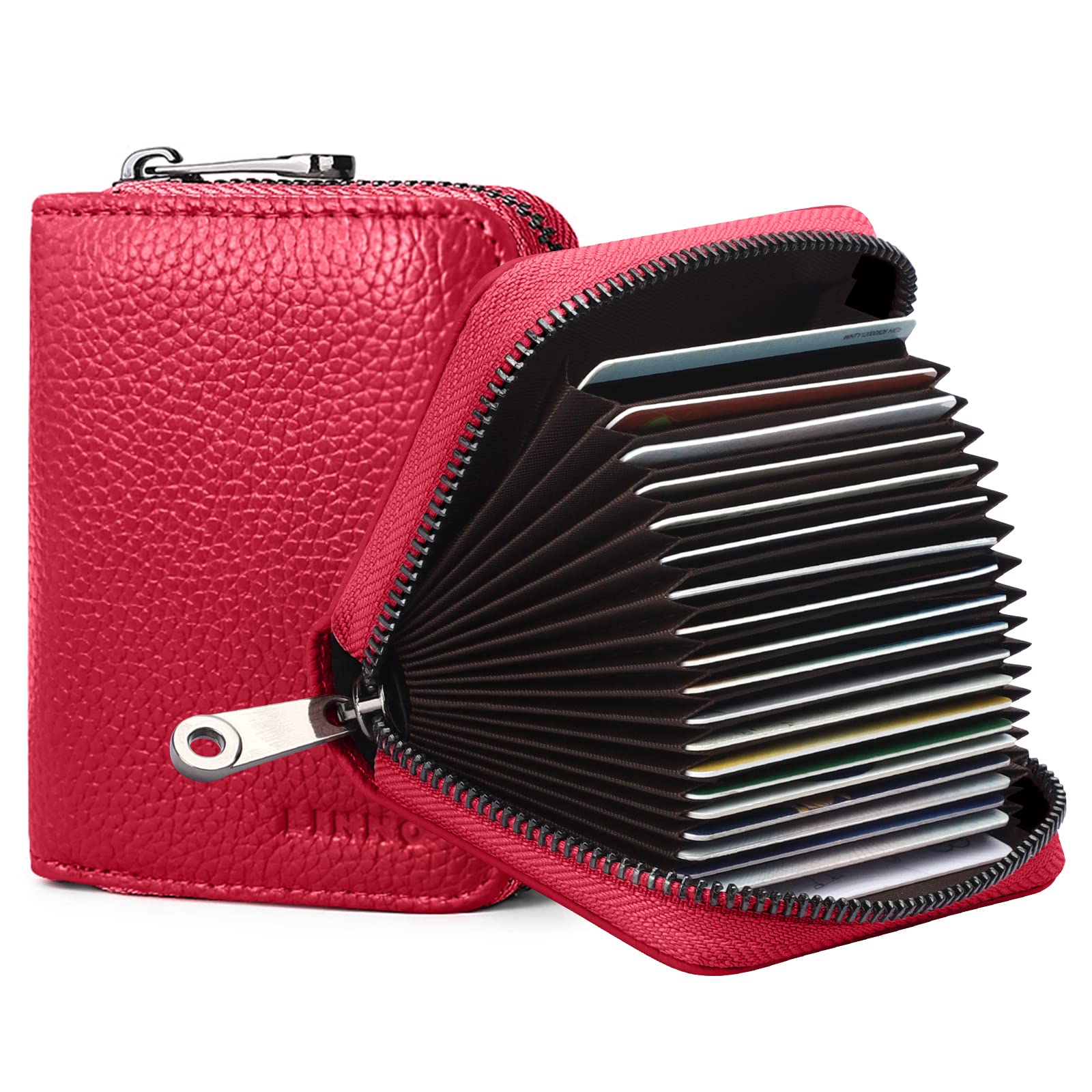 Linno RFID 20 Card Slots Credit Card Holder Genuine Leather Small Card Case for Women or Men Accordion Wallet with Zipper (Red)