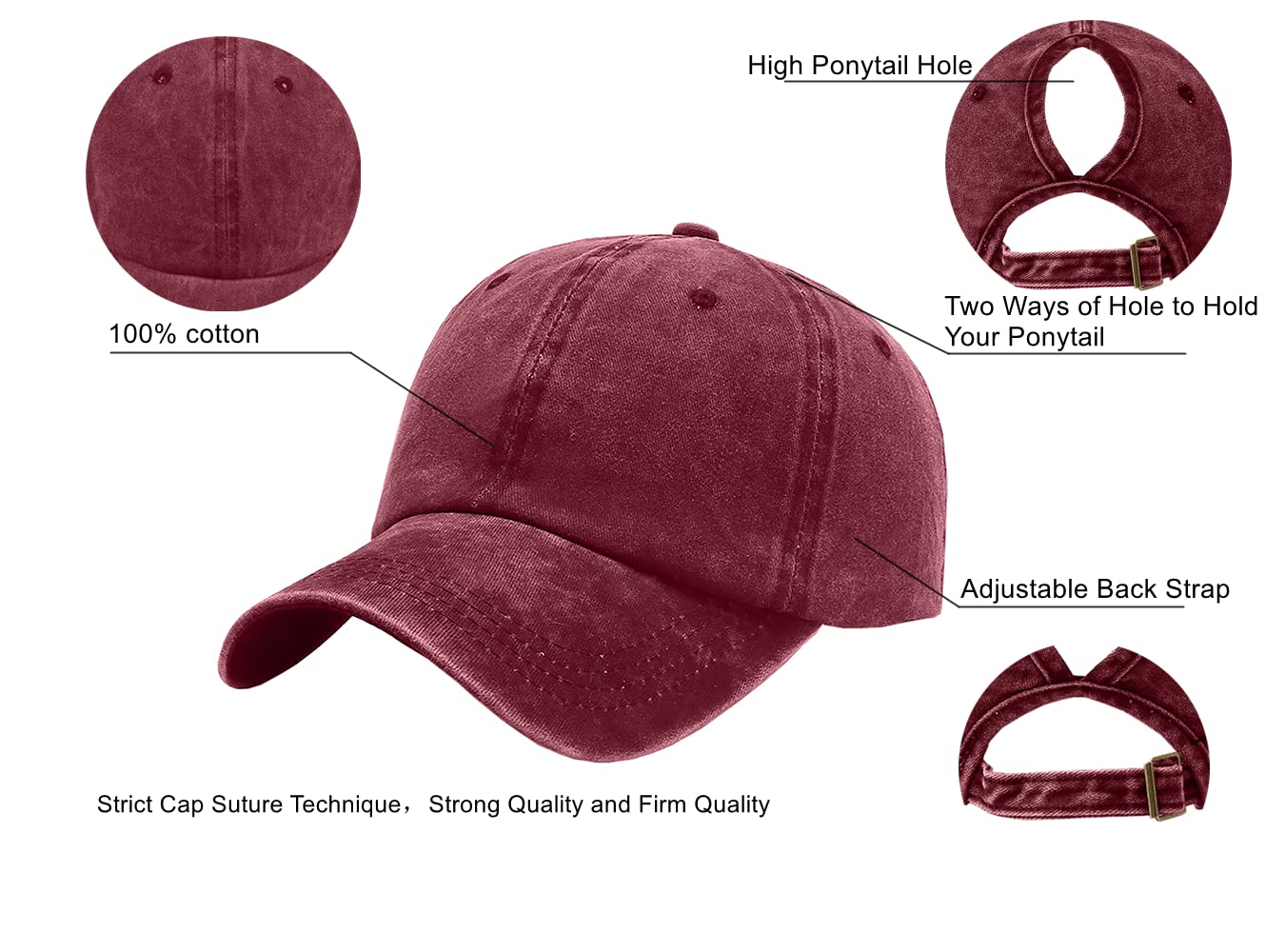 29 IYEBRAO Womens Ponytail Baseball Cap Messy Bun Ponycap Washed Cotton Sport Hat Adjustable Dad Hat Trucker Cap Low Profile Hat (2 Pack-Washed-Classic-Black&Burgundy)