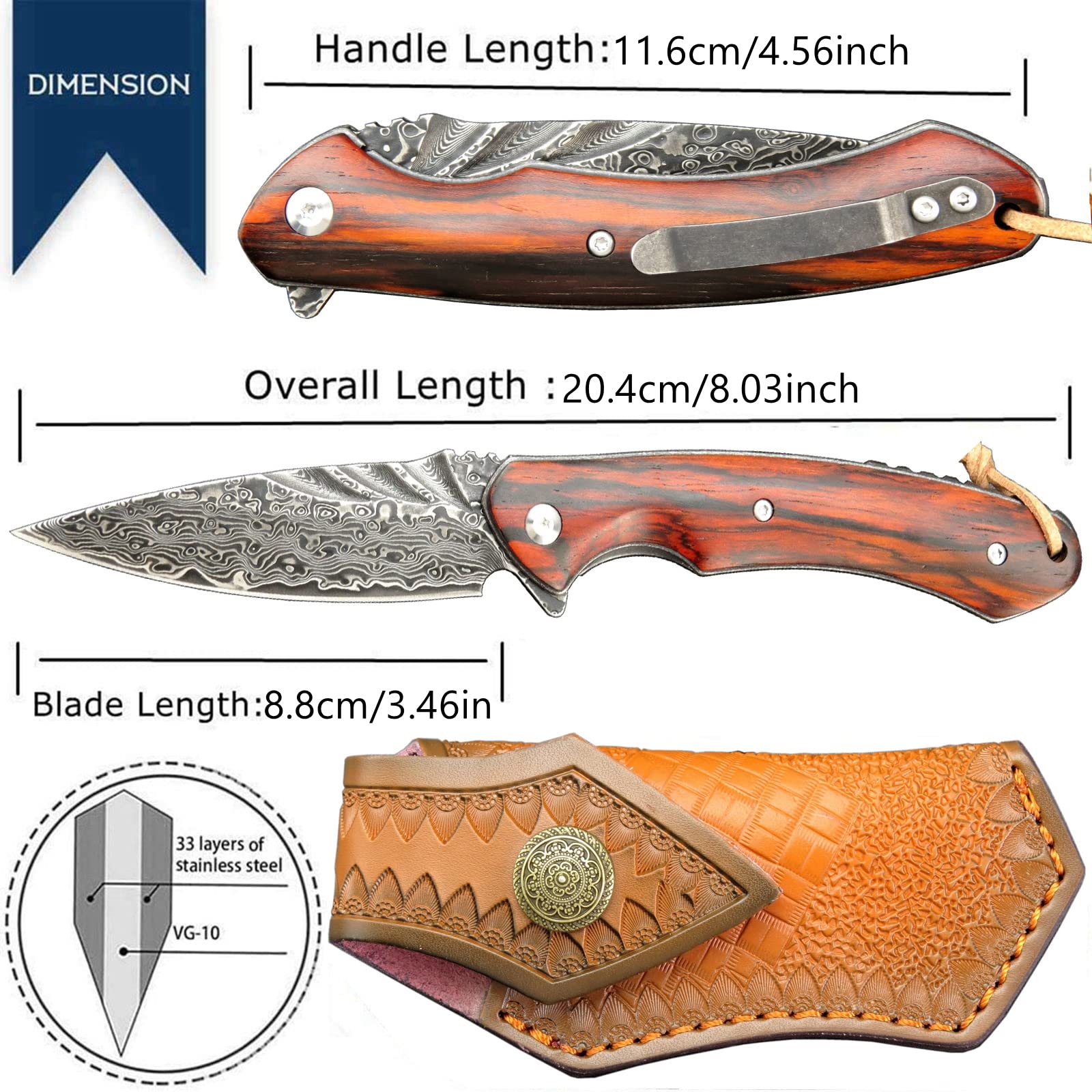 Sitivien ST242 Damascus Steel Folding Knife,Flipper Liner Lock Knife with Damascus VG10 Core Blade,Dalbergia Handle for Everyday Carry, Hunting and Outdoor …