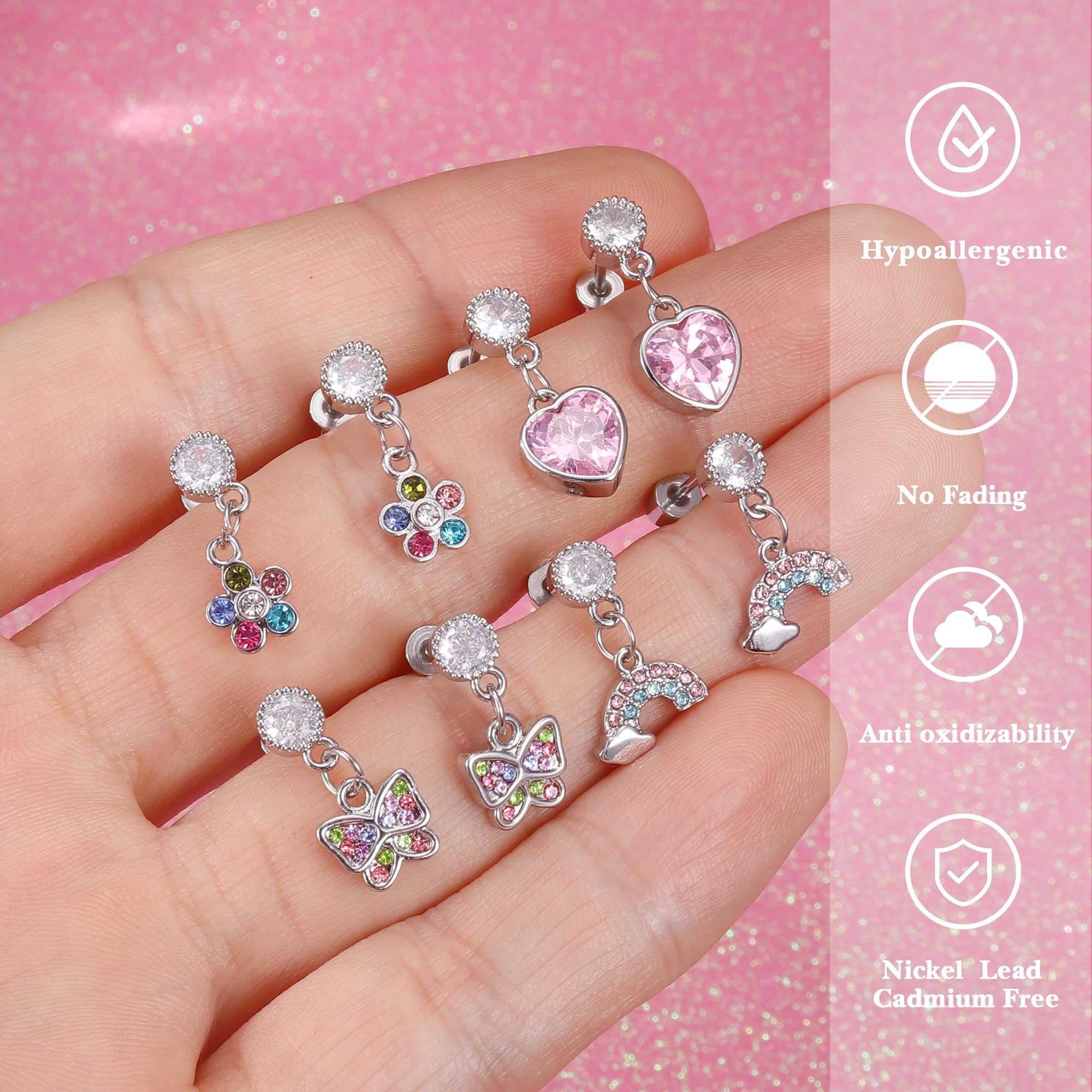 YADOCA 4 Pairs Screw Back Earrings For Girls Women Hypoallergenic 316L Stainless Steel Cute Pink CZ Heart Screwback Dangle Earrings Multicolored Cubic Zirconia Flower Butterfly Rainbow Earrings Dangling Set