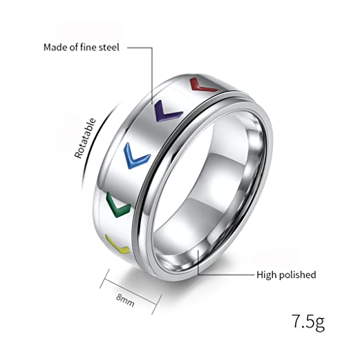 ANIEJUFI Stainless Steel Anxiety Ring Fidget Spinner Rings for Men Women 8mm Rainbow Flag Enamel Gay Lesbians Wedding Band Silver Size 9