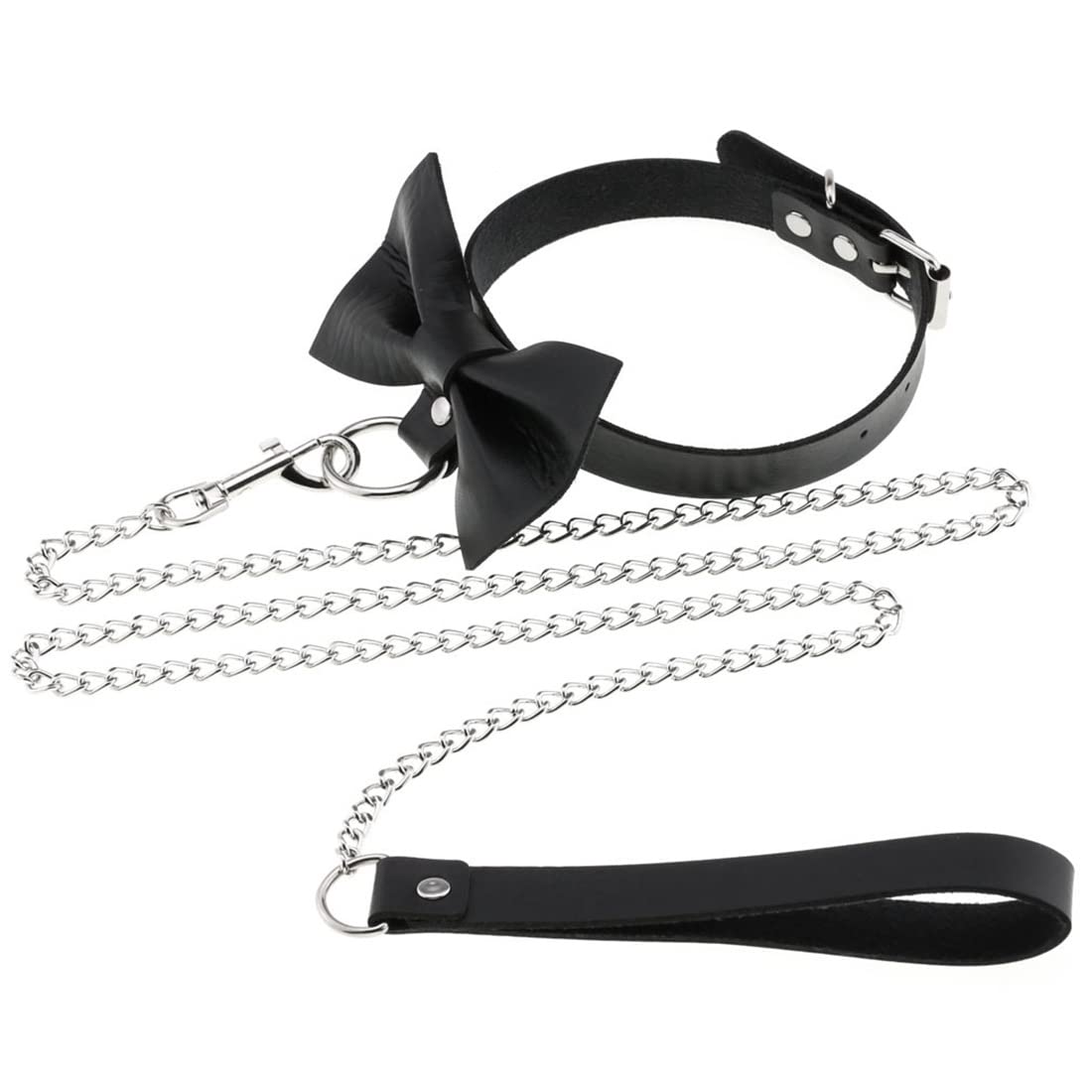 JNKET Bow-Knot Choker Punk Hauling Chain PU Leather Collar Metal Ring Gothic Necklace Adjustable Size (Black)