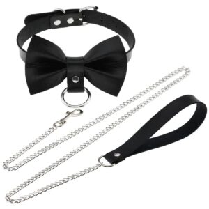 jnket bow-knot choker punk hauling chain pu leather collar metal ring gothic necklace adjustable size (black)