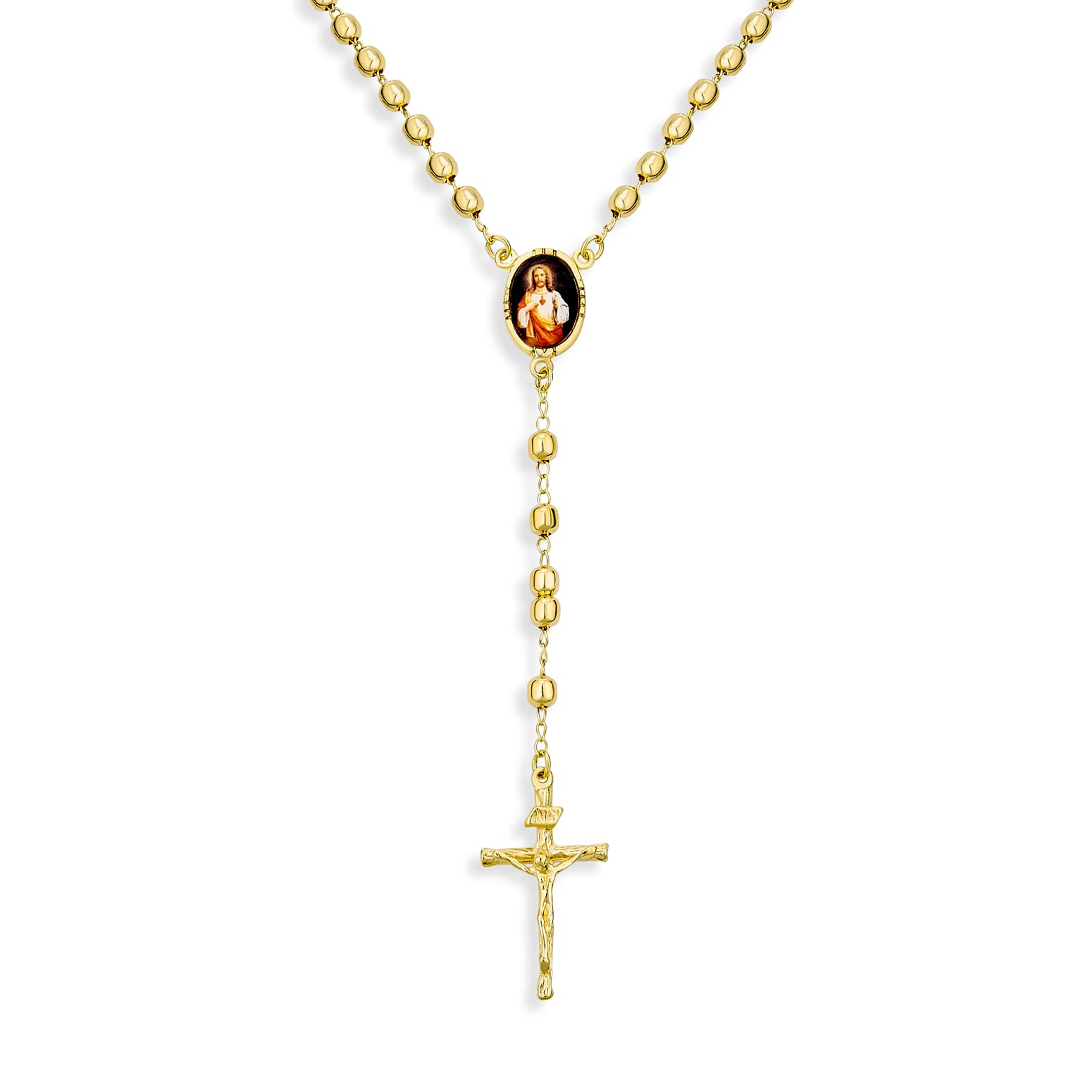 Bling Jewelry Catholic Christian Prayer Rosario Beads Scared Heart of Jesus Crucifix Cross Catholic Rosary Beads Necklace for Women Teen 18K Gold Plated Brass