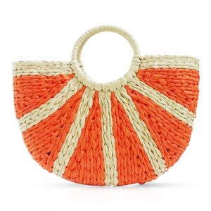 qtkj semi-circle rattan straw handbags, hand-woven women summer retro straw tote bag crossbody bag, colorful boho bag, round handle beach handbags (orange)