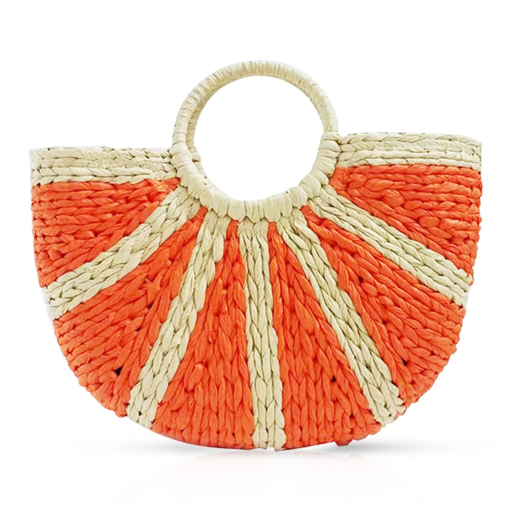 QTKJ Semi-circle Rattan Straw Handbags, Hand-woven Women Summer Retro Straw Tote Bag Crossbody Bag, Colorful Boho Bag, Round Handle Beach Handbags (Orange)