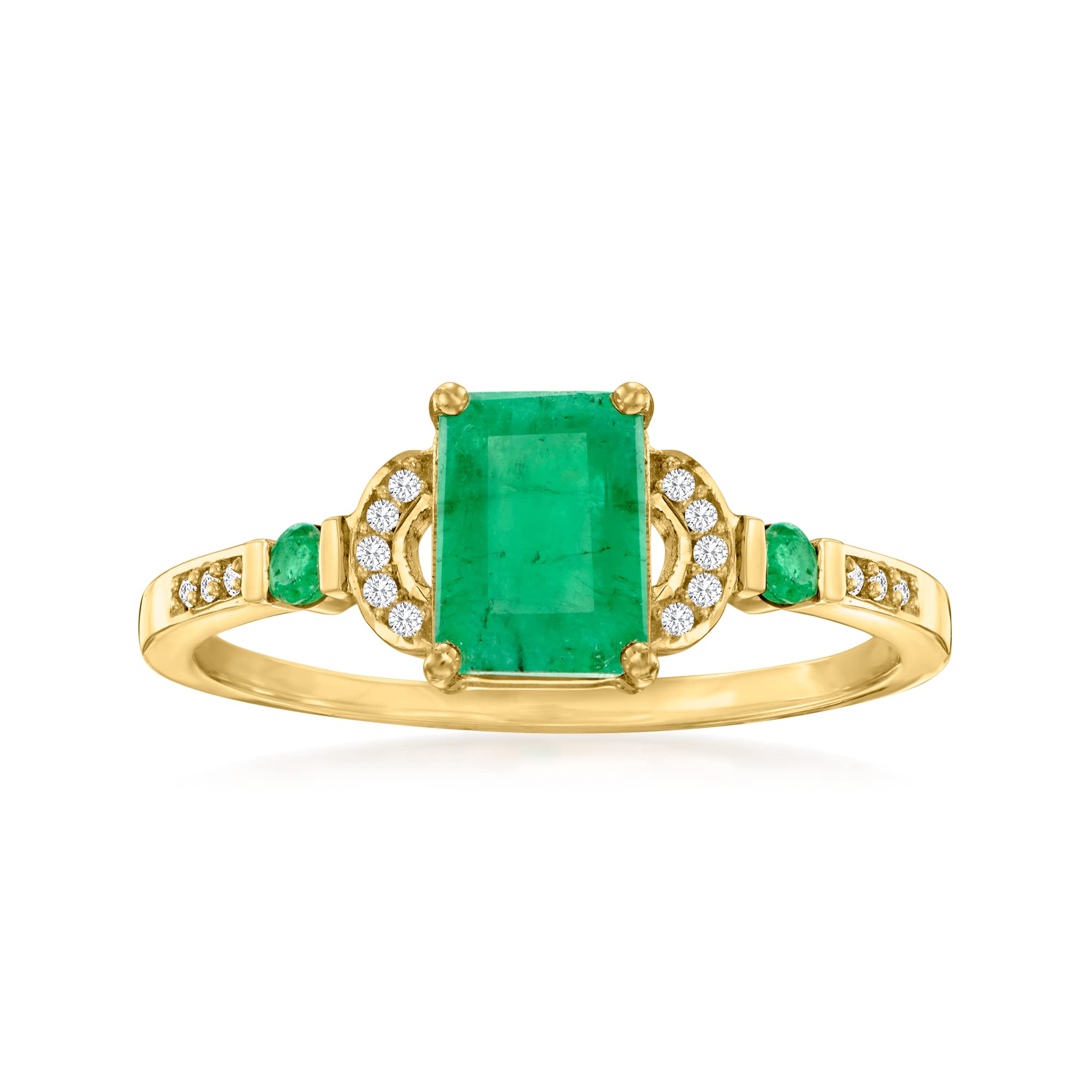 Canaria 0.90 ct. t.w. Emerald Ring With Diamond Accents in 10kt Yellow Gold. Size 6