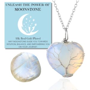 halukakah moonstone necklace - lunarlove - handmade platinum plated winding tree of life wire, natural crystal heart shape pendants and 20" chain…