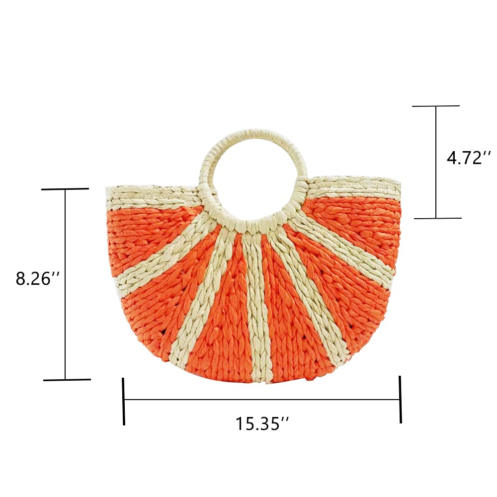 QTKJ Semi-circle Rattan Straw Handbags, Hand-woven Women Summer Retro Straw Tote Bag Crossbody Bag, Colorful Boho Bag, Round Handle Beach Handbags (Orange)