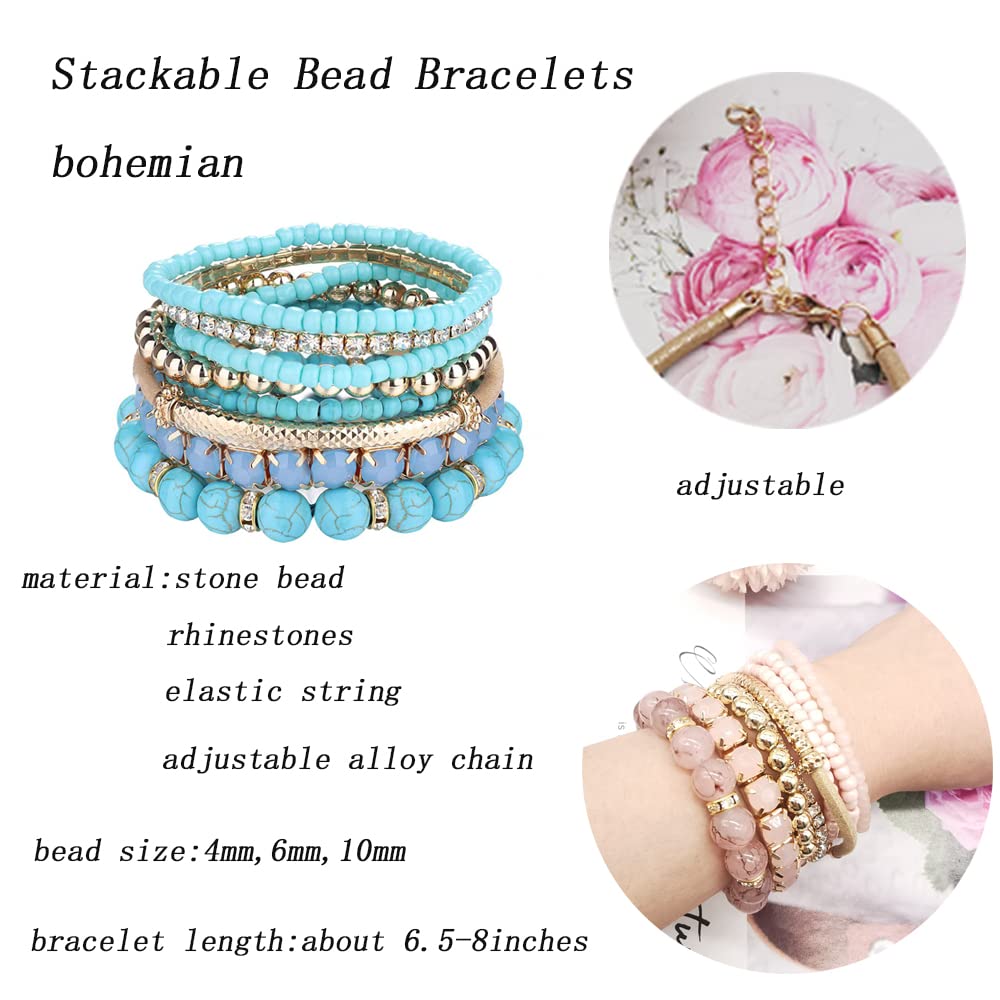 FINZOR 48Pcs Bohemian Stackable Bead Bracelets for Women Multicolor Stretch Beaded Bracelets Layered Bead Adjustable Bracelet Black Turquoise Stretch Bracelets