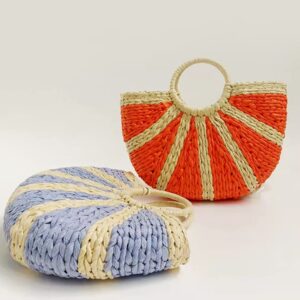 QTKJ Semi-circle Rattan Straw Handbags, Hand-woven Women Summer Retro Straw Tote Bag Crossbody Bag, Colorful Boho Bag, Round Handle Beach Handbags (Orange)