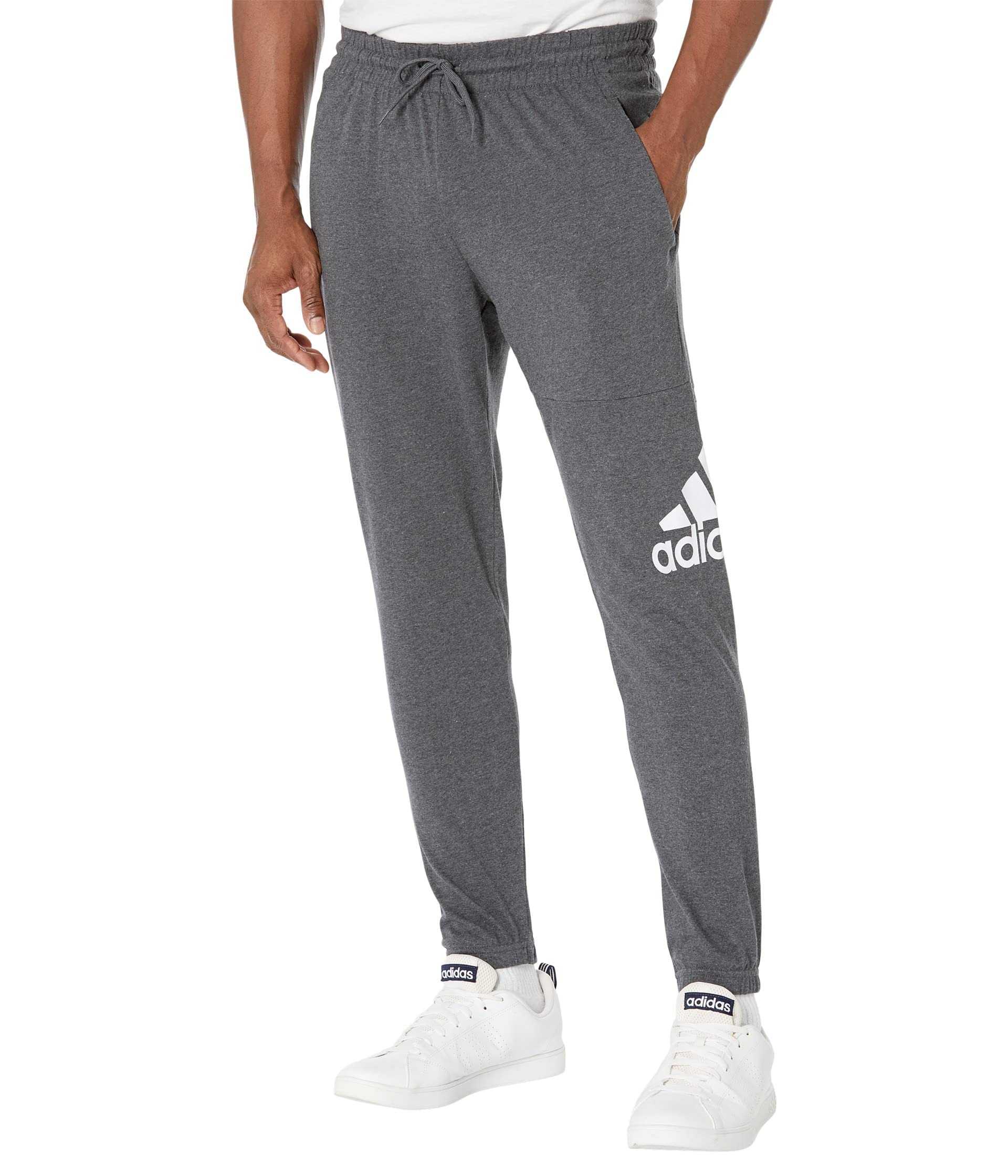 adidas Men's Essentials Single Jersey Tapered Badge of Sport Pants, Dark Grey Heather, X-Large