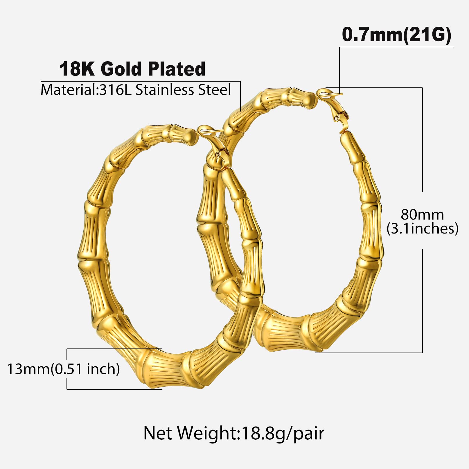 Bandmax 18K Gold Plated Round Hoop Earrings 80MM Hip Hop Bamboo Hoop Earrings 80S 90S Rap And Rock Night Club Big Gold Earrings for Women