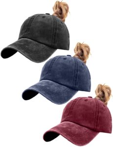 zexian 3 pack womens vintage washed distressed baseball-cap with ponytail hole sport golf hat (black+denim blue+burgundy)