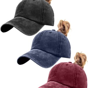 ZEXIAN 3 Pack Womens Vintage Washed Distressed Baseball-Cap with Ponytail Hole Sport Golf Hat (Black+Denim Blue+Burgundy)