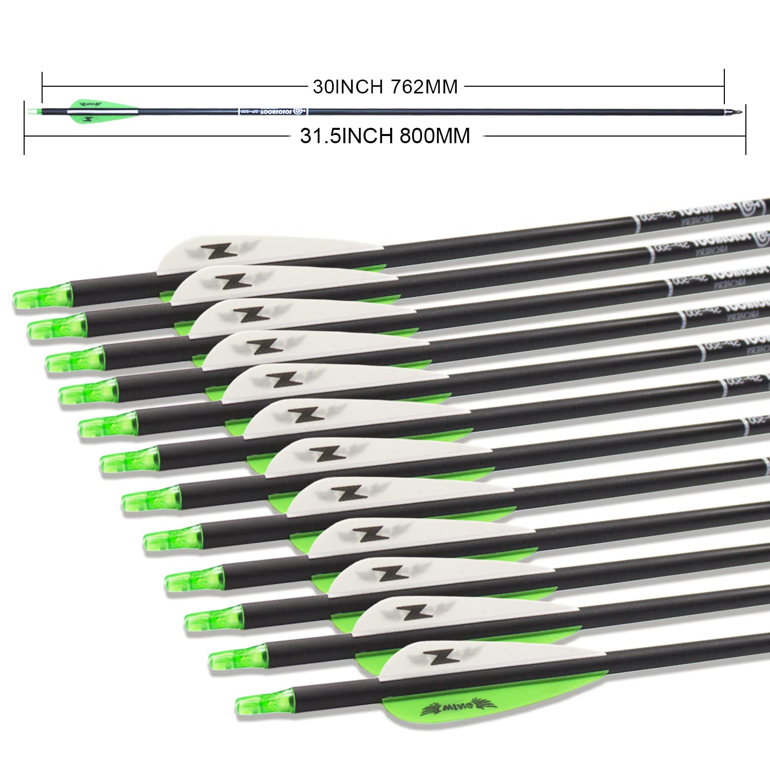 31inch Carbon Arrow Archery Targeting Practice Hunting Arrows for Compound & Recurve Bow with Removable Tips(Pack of 12) (Green White)