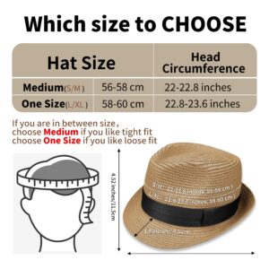 Straw Fedora Hat Short Brim Packable Roll Up Trilby Hat Classic Adjustable Panama Summer Beach Sun Hat UPF 50+ (L/XL, Brown)